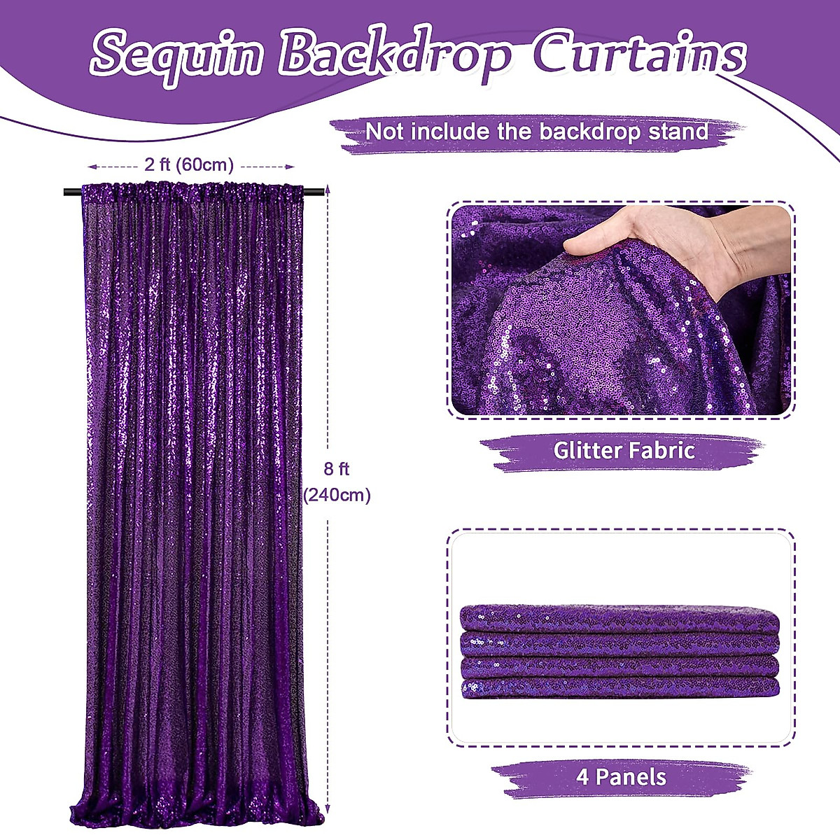 Purple Sequin Backdrop Curtain 4 Packs 2ftx8ft Sparkly Glitter Wedding Party Photography Background Drapes for Birthday Prom Decoration