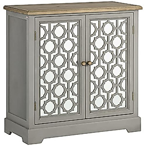 HOMCOM Farmhouse Sideboard Buffet Cabinet, Kitchen Storage Cabinet, Accent Cabinet with Double Glass Doors and Solid Wood Countertop for Kitchen, Living Room, Gray