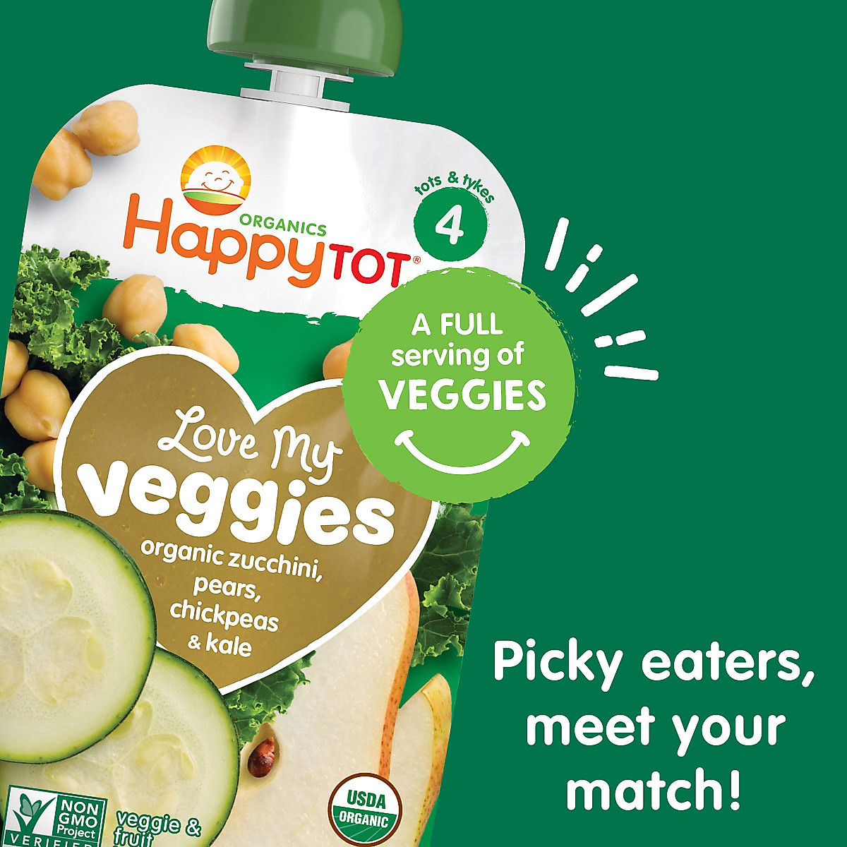 Happy Tot Organic Stage 4 Baby Food, Love My Veggies, Zucchini/Pear/Chickpeas & Kale, 4.2 Ounce (Pack of 8)