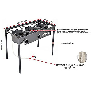 COOKAMP High Pressure Triple Burner Outdoor Propane Camping Stove with 0-20 PSI Adjustable High Pressuer Regulator and Steel Braided Hose 3 Burner Stove Brewing Supply SA3500