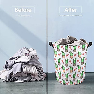 Cartoon Love Cactus Pattern Large Laundry Basket Hamper Bag Washing with Handles for College Dorm Portable