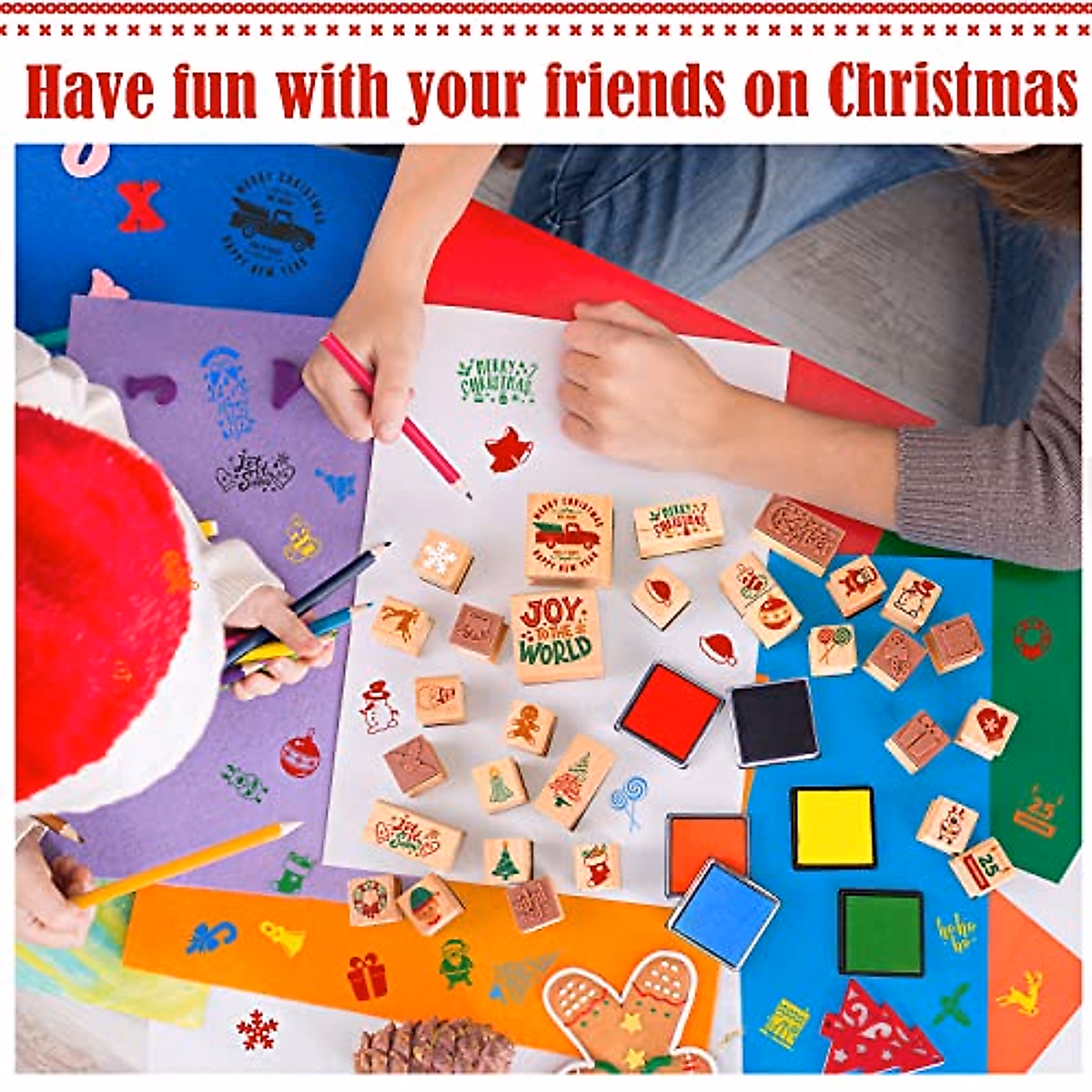 48 Pieces Christmas Stamps for Kids Wooden Rubber Stamps with Ink Pad Colored Pencil Ink Pad Colouring Pencil Art Supplies Set for DIY Party Favor Gift (Lovely Style)