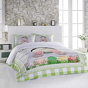 Easter Queen 3 Pieces Duvet Cover Set,Bunny Tail Egg Super Soft Breathable Bedding Sheet,Flower Green Plaid White Plank Machine Washable Quilt Covers and Pillow Cases Bed Sets for Bedroom Guest Room