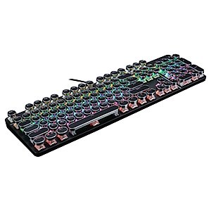 CPAROPAO Typewriter Mechanical Keyboard Blue Switch RGB Backlit Punk Round Keycap 104 Keys Retro Gaming Keyboard Wired (104keys Black(Round keycaps))