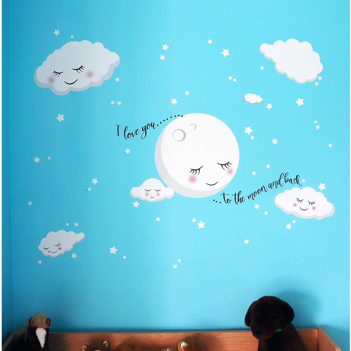 Moon and Stars Wall Decals Nursery Room Decor Night Sky Baby Nursery Wall Art Room Stickers Kids Room Toddler Girls Boys Bedroom Decoration (Love You Moon Back Quote)
