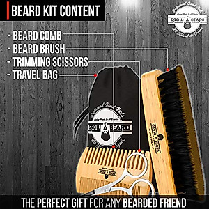 Beard Brush for Men & Beard Comb Set w/ Mustache Scissors Grooming Kit, Natural Boar Bristle Brush, Dual Action Wood Comb, and Travel Bag Great for Christmas Gift