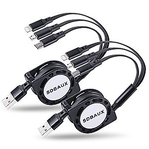 SDBAUX Multi USB Charging Cable 2Pack 3.3FT 3 in 1 Retractable Multiple Charger Cord 3A Fast Charge Adapter with IP/Type C/Micro Port Connectors Compatible Cell Phones Tablets and More