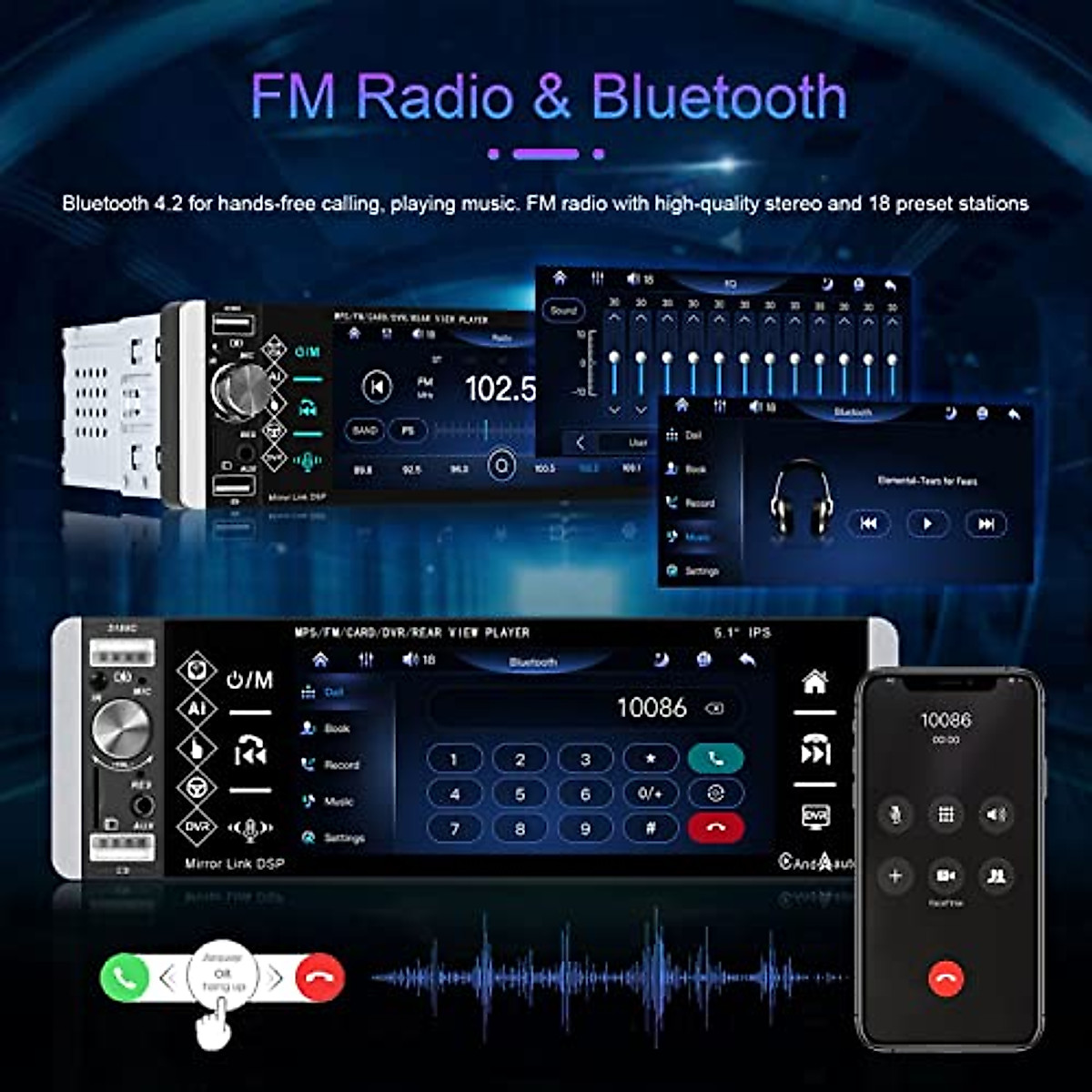 Single Din Car Stereo Compatible with Apple Carplay & Android Auto, METEESER 5.1 Inch Bluetooth Backup Camera, Touch Screen Radio Support FM/Mirror Link/SWC/USB/DVR/AUX-in