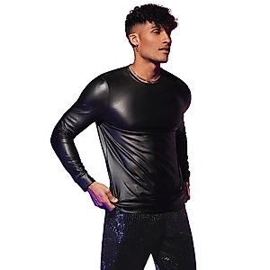 WDIRARA Men's Round Neck Long Sleeve PU Leather Sweatshirt Party Club Pullovers Black S