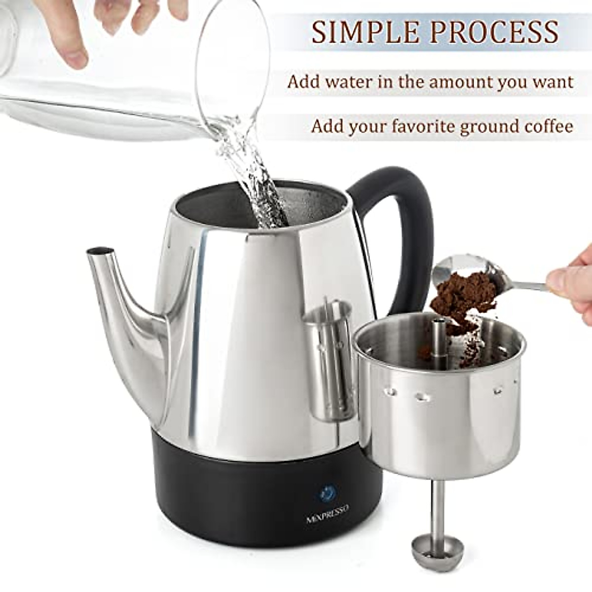 Mixpresso Electric Percolator Coffee Pot | Stainless Steel Coffee Maker | Percolator Electric Pot - 4 Cups Stainless Steel Percolator With Coffee Basket