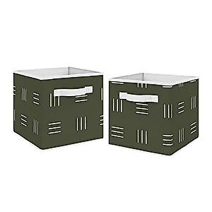 Sweet Jojo Designs Hunter Green Boho Mudcloth Foldable Fabric Storage Cube Bins Boxes Organizer Toys Kids Baby White Bohemian Woodland Tribal Southwest Mud Cloth Hatch Gender Neutral Safari Jungle