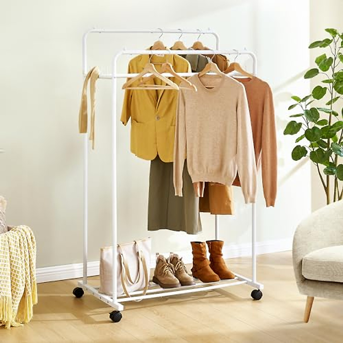 Hoctieon Double Rod Clothes Rack, 2 IN 1 Clothing Rack with Shelves and Wheels for Easy Mobility, Multi-functional Bedroom Garment Rack with 8 Hooks, White