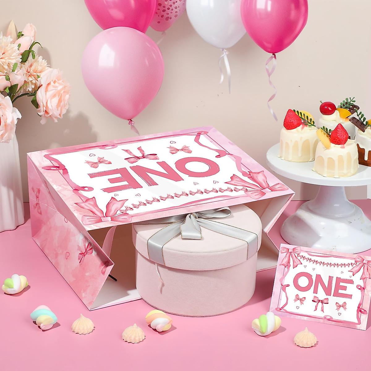 Pink Bow One Birthday Decoration for Girls Large Bow Pink One Baby Shower Bag Hot Pink Bow 1st Birthday Gift Bags with Wrapping Paper Card for Kids Gender Reveal Christmas Birthday Party Supplies