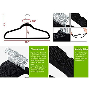 Yaheetech Non Slip Velvet Hangers - Heavy Duty -Flocked Hangers Coat Suit Hangers Space Saving Clothes Hangers with Swivel Hook, Black - Pack of 100