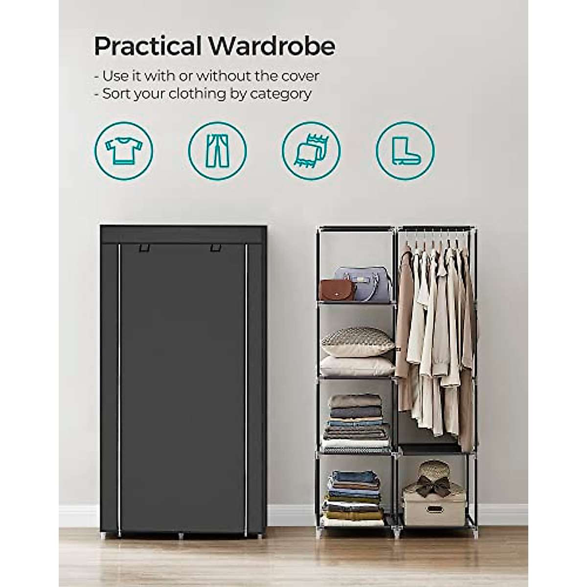 SONGMICS Portable Closet, Clothes Storage Organizer with 6 Shelves, 1 Clothes Hanging Rail, Non-Woven Fabric Closet, Metal Frame, 17.7 x 34.6 x 66.1 Inches, Black URYG84BK