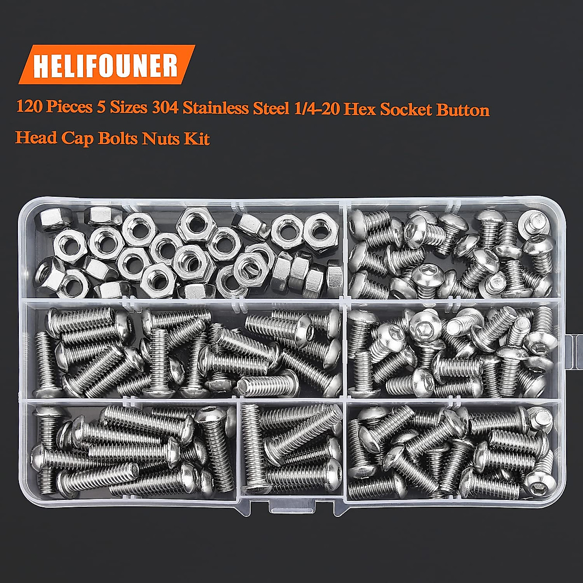 HELIFOUNER 120 Pieces 5 Sizes 304 Stainless Steel 1/4-20 x 3/8" 1/2" 5/8" 3/4" 1" UNC Thread Hex Button Head Cap Bolts Kit