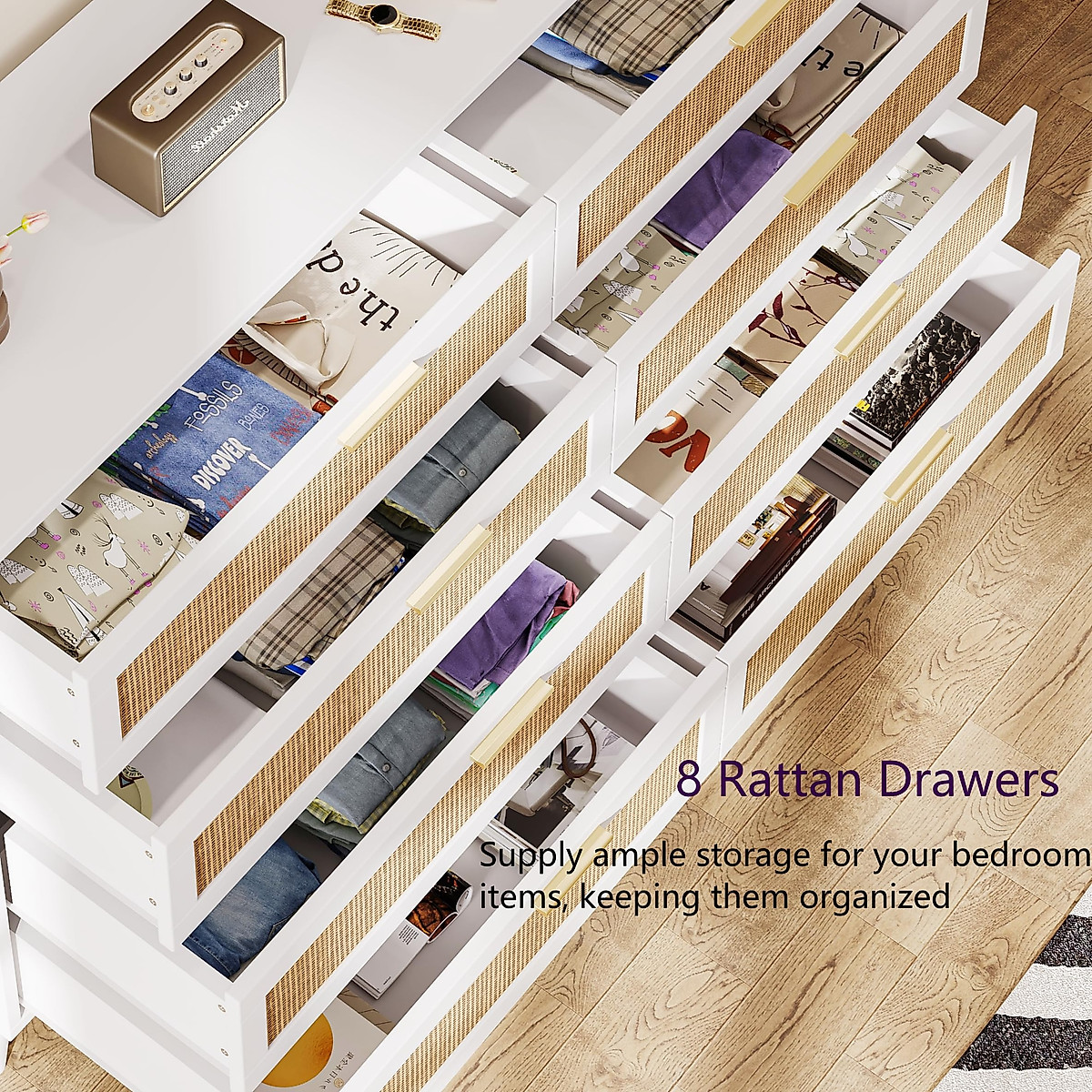Rovaurx 8 Drawer Double Dresser for Bedroom, Rattan Chest of Dressers, Modern Wooden Dresser Chest with Golden Handles, Beside Table for Closet, Living Room and Entryway, White and Natural