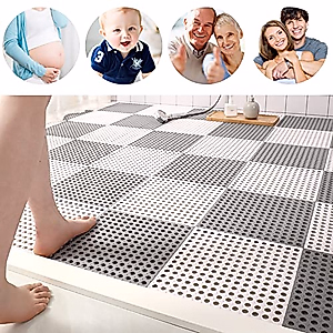 12 Pack 11.8" x 11.8" Interlocking Floor Tiles with Drain Holes Soft PVC Non Slip Shower Floor Mat Rubber Flooring Drainag Mat for Pool, Patio, Balcony, Kennel, Poultry, Dog, Grey&White