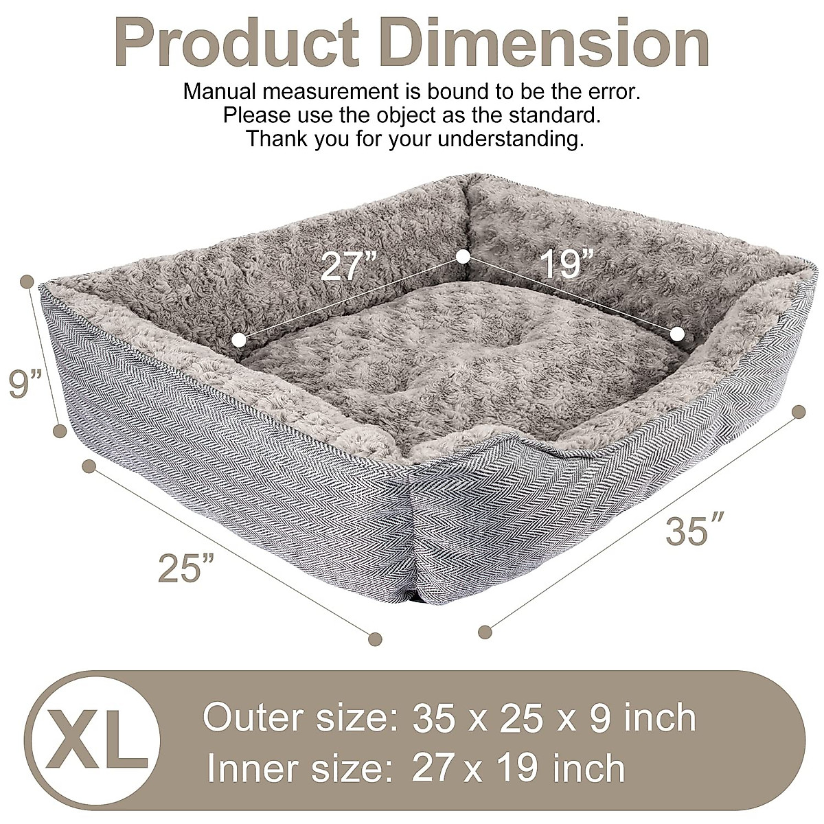 FURTIME Dog Bed for Large Medium Small Dogs Soft Washable Pet Bed Orthopedic Dog Sofa Bed Breathable Rectangle Sleeping Bed Anti-Slip Bottom(35'', Grey)