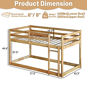 LUKEEHOM Bunk Bed Twin Over Twin, Wood Low Profile Floor Twin Bunk Beds with Ladder Guardrails for Kids Boys and Girls, No Box Spring Needed