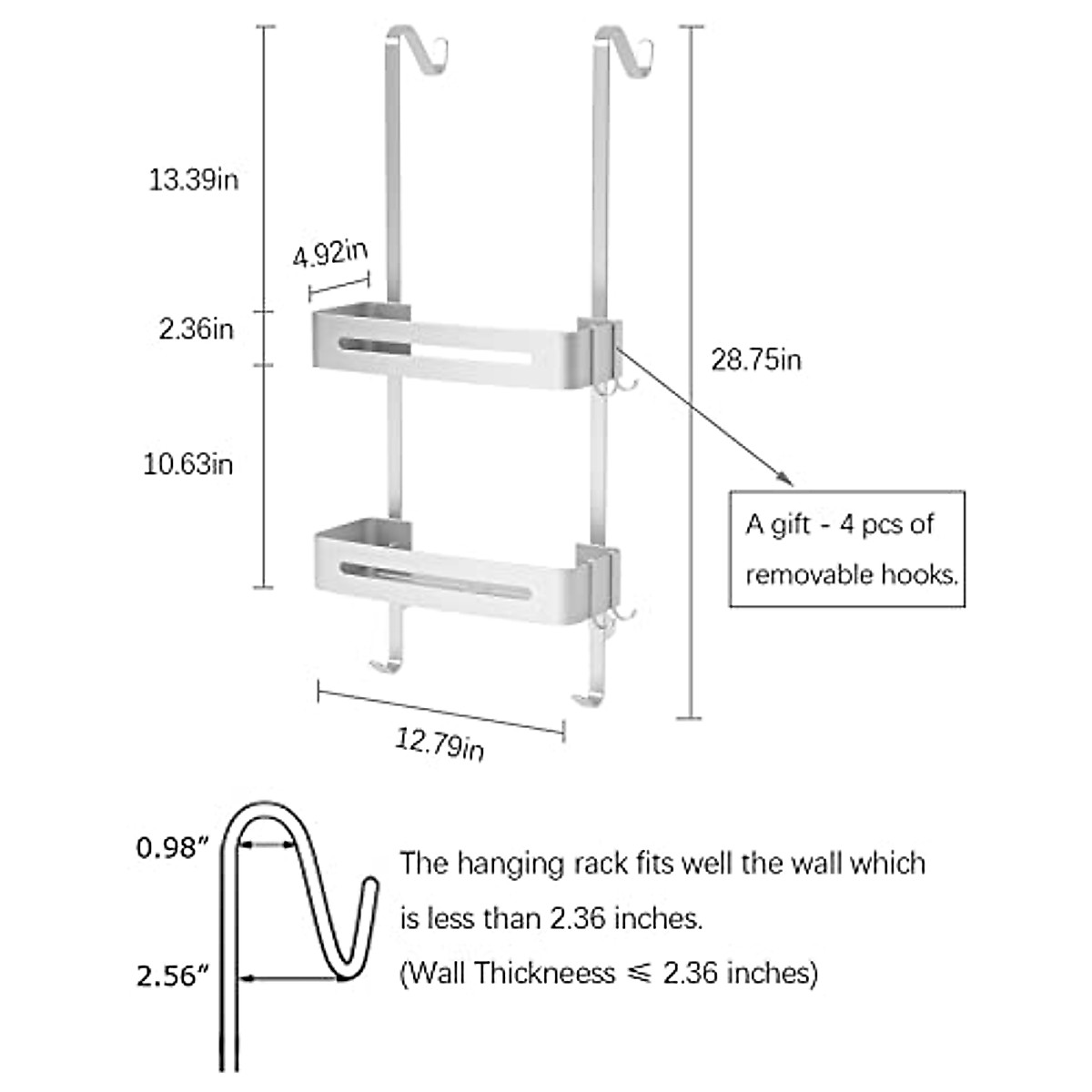 TZAMLI Hanging Shower Caddy Over The Door Shower Organizer, Aluminum Shower Shelf Bathroom Storage Rack with Hook and Basket (Silver-Silver, 2-Tier)
