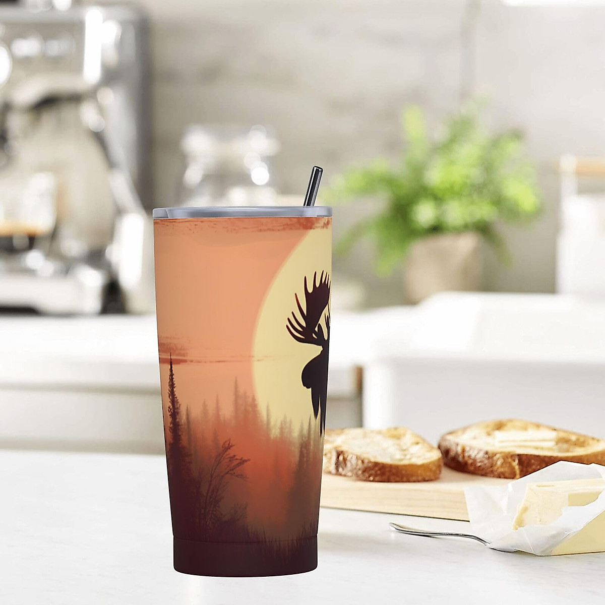 Dujiea 20oz Tumbler With Lid And Straw, Wild Moose Nature Landscape Vacuum Insulated Iced Coffee Mug Reusable Travel Cup Stainless Steel Water Bottle