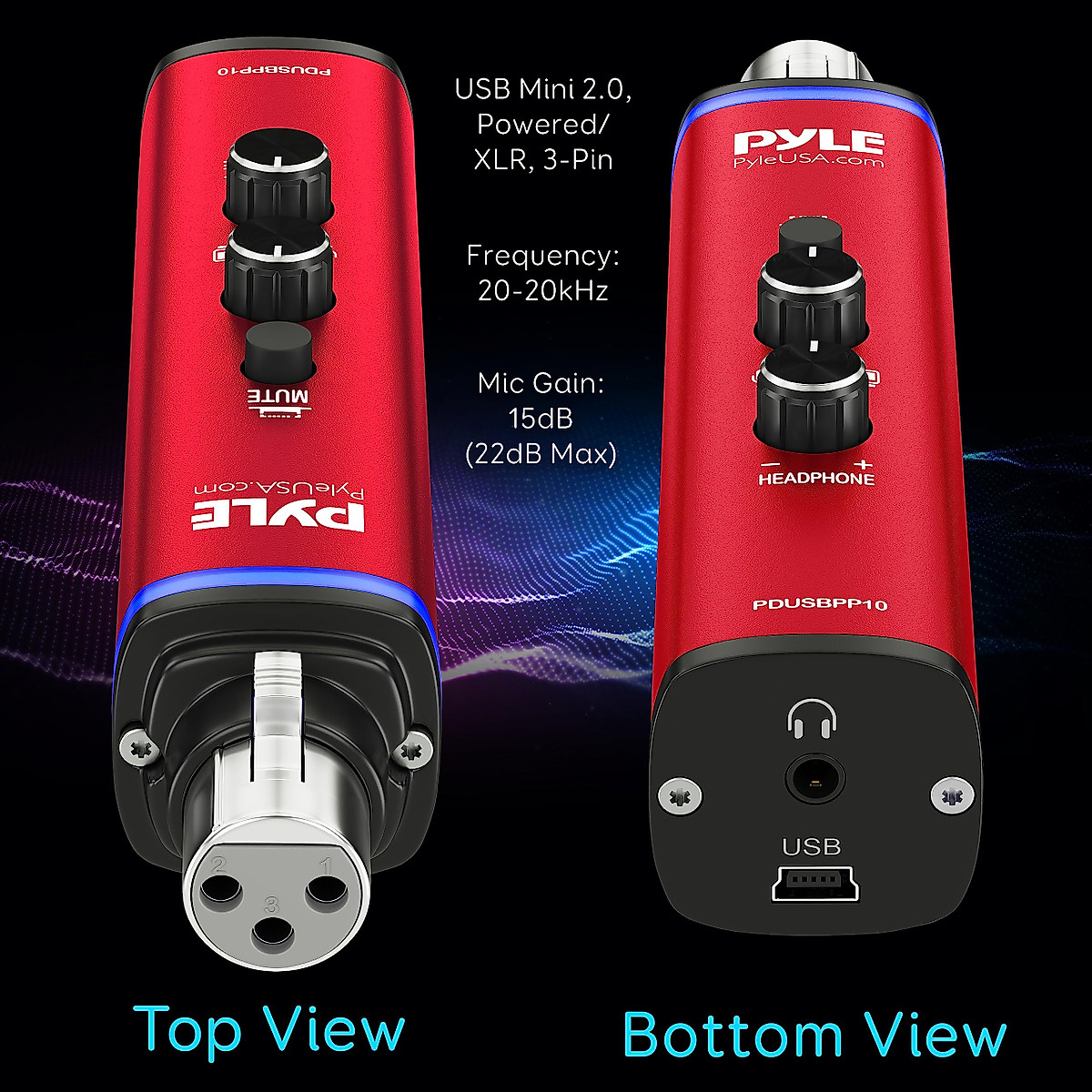 Pyle Microphone XLR to USB Signal Converter Adapter Universal Windows Mac Plug and Play Mic to PC Adaptor for Digital Recording Interface, Mix Audio Control, 48V Phantom Power, USB Cable (Red)