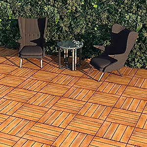 Interlocking Acacia Hardwood Deck Tile (Pack of 10, 12"x12") - Patio Tile With Solid Wooden Oiled Finish, Waterproof All Weather (12x12x0.85 Inch, 4 Slat on Each)