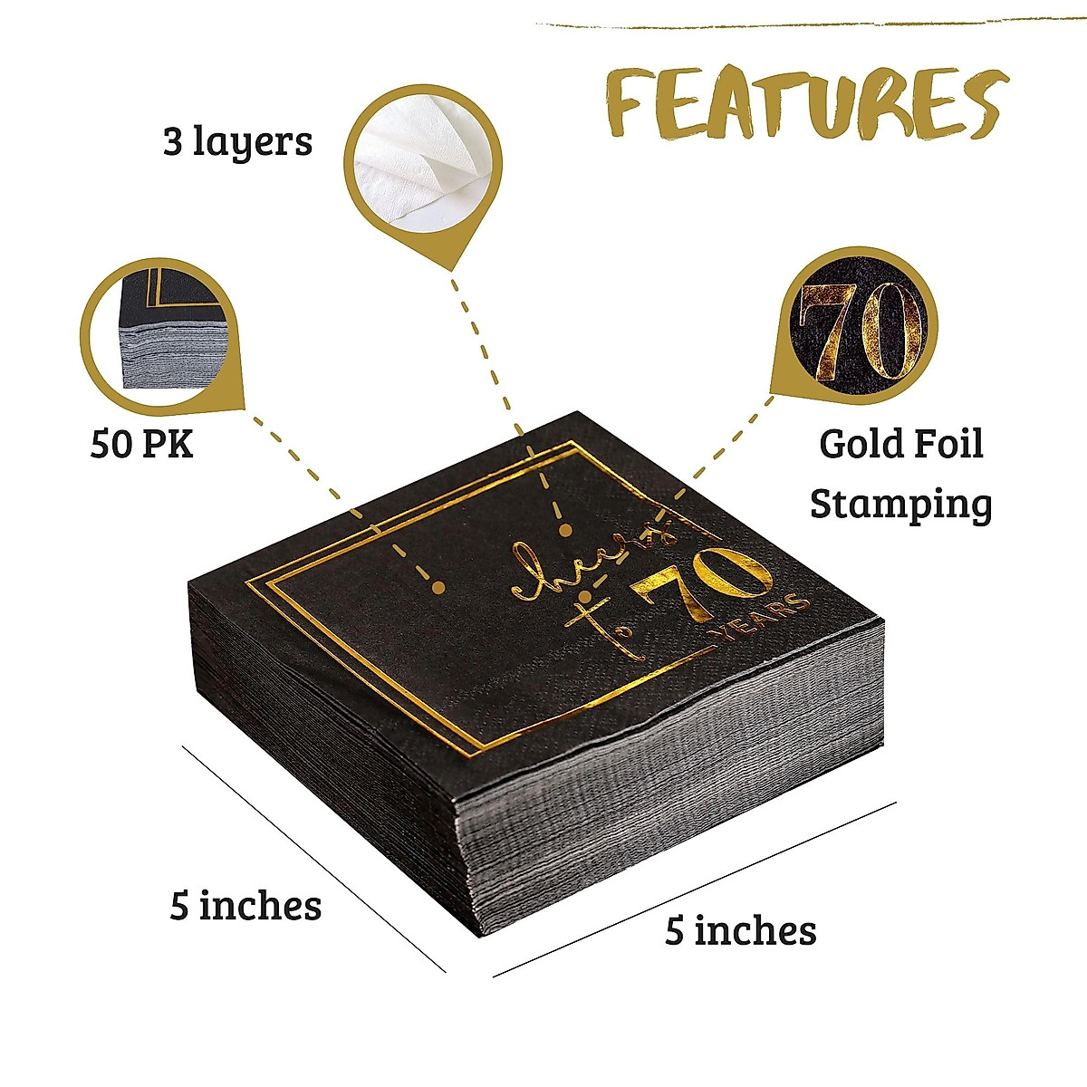 Cheers to 70 Years Cocktail Napkins - 50PK - 3-Ply 70th Birthday Napkins 5x5 Inches Disposable Party Napkins Paper Beverage Napkins for 70th Birthday Decorations Wedding Anniversary Black and Gold