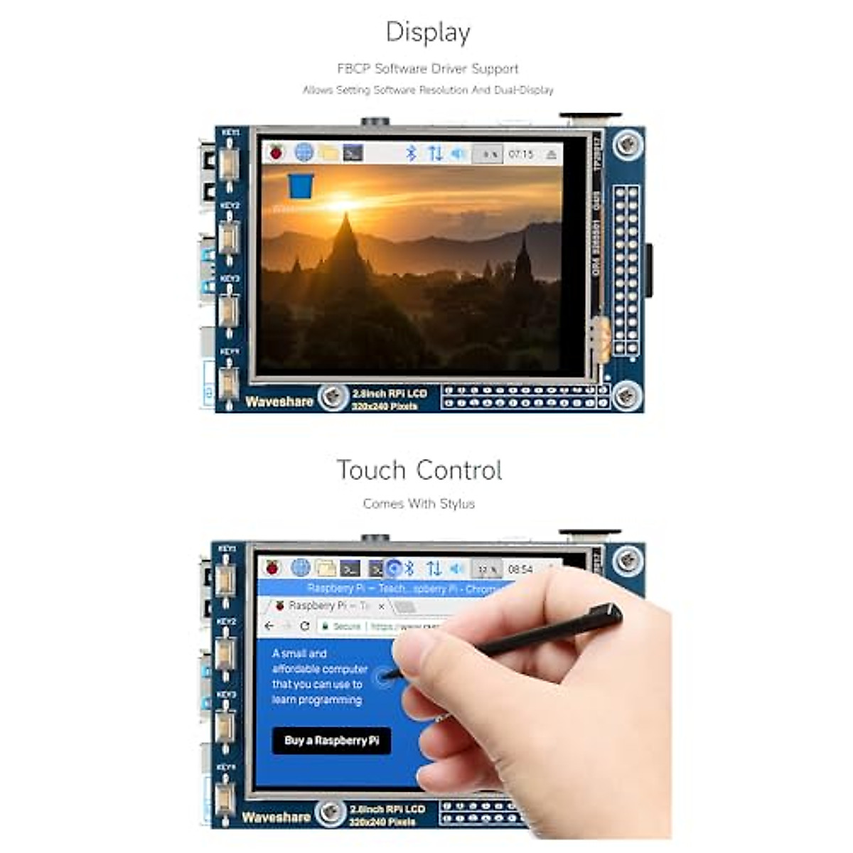 Waveshare 2.8inch Resistive Touch Screen TFT LCD, Compatible with Raspberry Pi 5/4B/3B/Zero/Zero W/Zero 2W/Pico/Pico W/Pico WH, 320x240 Resolution