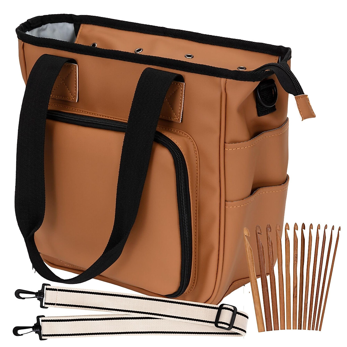 Leather Crochet Bag Backpack - Travel Knitting Bag Project Organizer Totes has Detachable Strap, 12 Wooden Hooks, 12 Skeins of 25g Yarn Storage Pocket & Grommets for Crocheting On the Go