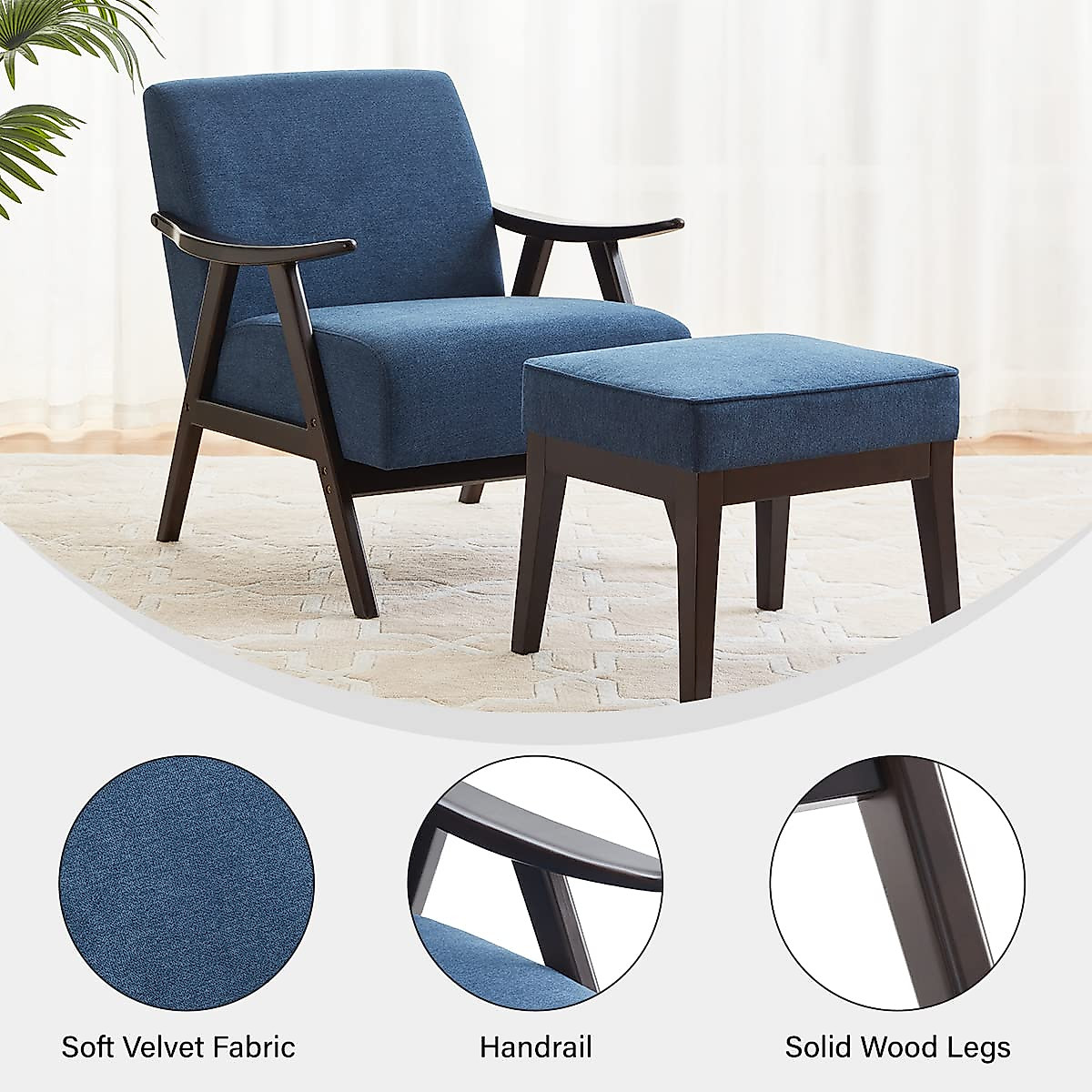 Batohom Solid Wooden Armchair with Ottoman,Mid Century Modern Chair and Footrest,Upholstered Club Chair and Ottoman Set,Comfy Reading Tufted Accent Chair for Bedroom,Side Living Room Chair (Blue)