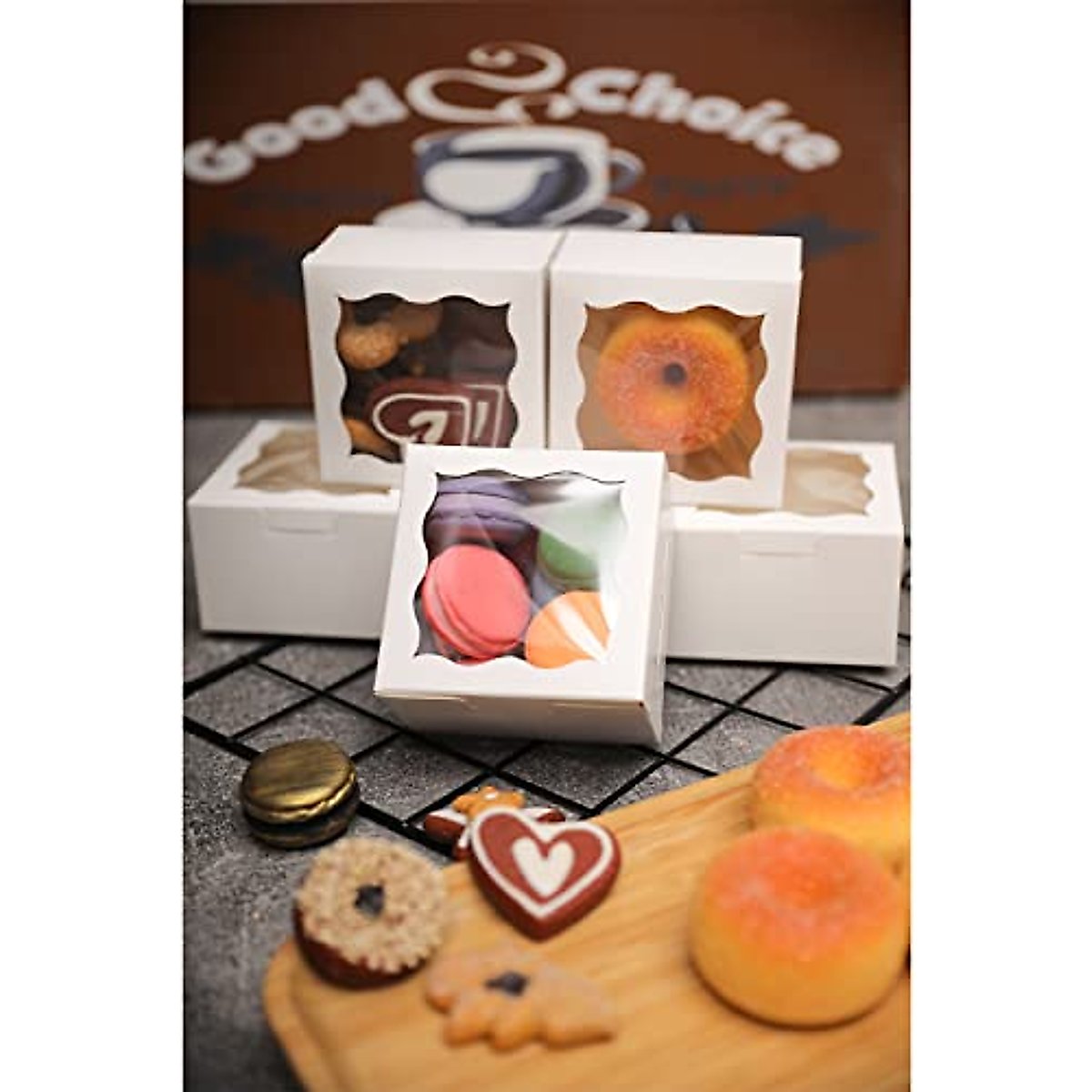 White Bakery Boxes with Window 4x4x2.5 inches Small Size Pastry Boxes Mini Cookie Boxes for Bakerys Thick & Sturdy （100 Packs）