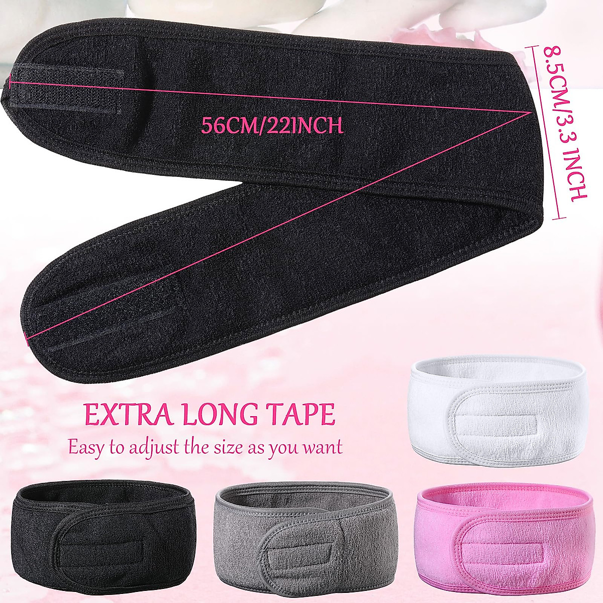 24 Pcs Spa Headband Bulk Makeup Facial Headband for Washing Face, Terry Cloth Headband Head Wraps for Facials, Adjustable Stretch Towel with Hook and Loop Non Slip, White, Pink, Grey, Black
