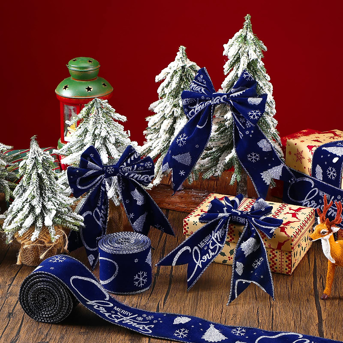 2 Rolls Christmas Wired Ribbon - Red, Green, Navy Blue, Merry Golden Silver for Gift Wrapping - Velvet Fabric for Xmas Home Decoration DIY Crafts, 2.5 Inch (Navy Blue, 10 Yards)