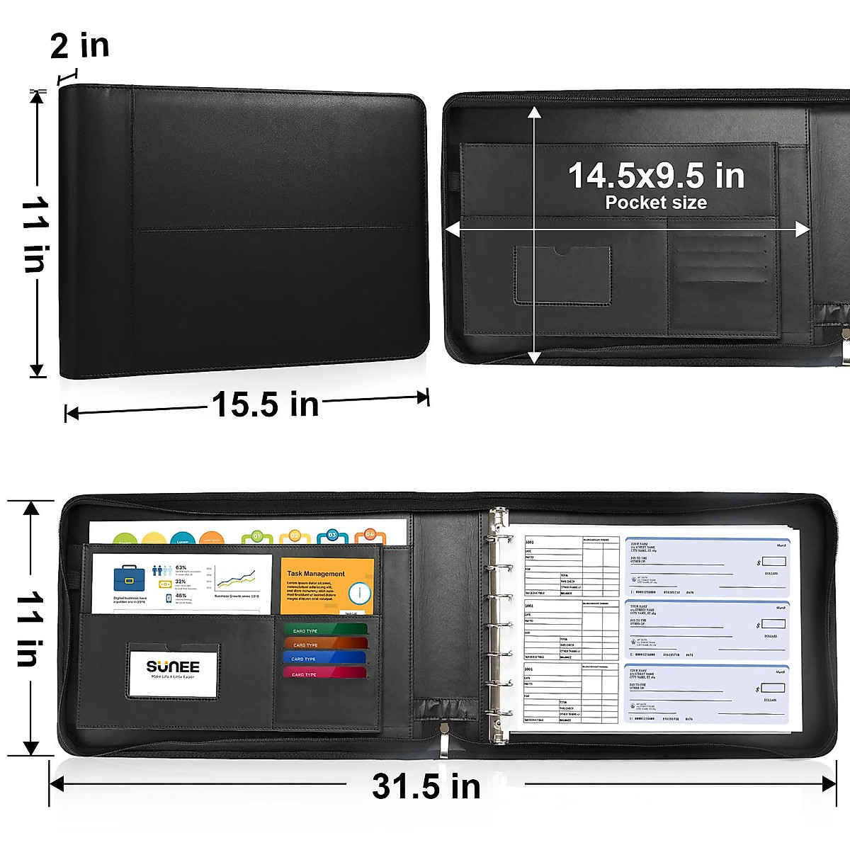 SUNEE Zippered Business Checkbook Binder 7 Ring 1 Inch with Zipper for Business Checks (9" x 13"), PU Leather 7 Ring Check Binder for Business Checks Holds 600 Checks Capacity for Executive Supplies