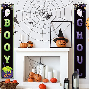 Pudodo Halloween Gender Reveal Porch Banner Booy or Ghoul Ghost Baby Shower Front Door Sign Wall Hanging Holiday Party Decoration
