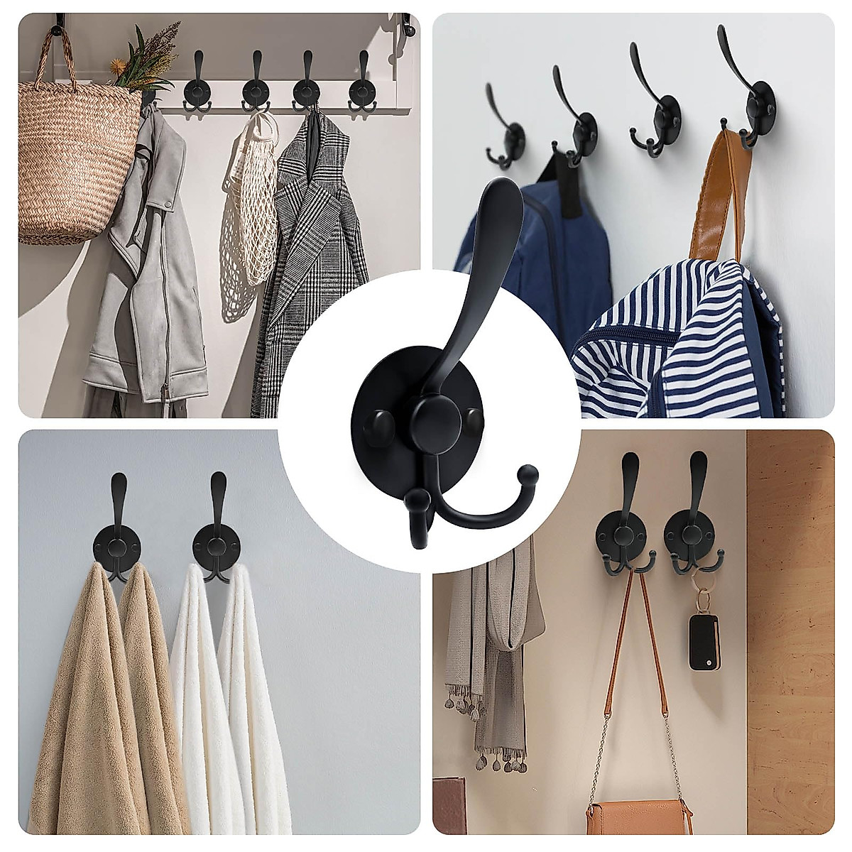 FUWARMTH 6 Pack Coat Hooks Heavy Duty Retro Three Wall Mount Utility Coat Hooks Versatile Wall Mount Coat Hooks Ideal for Coats, Clothing, Hats, Bags, Towels, Scarves, Keys, and Caps