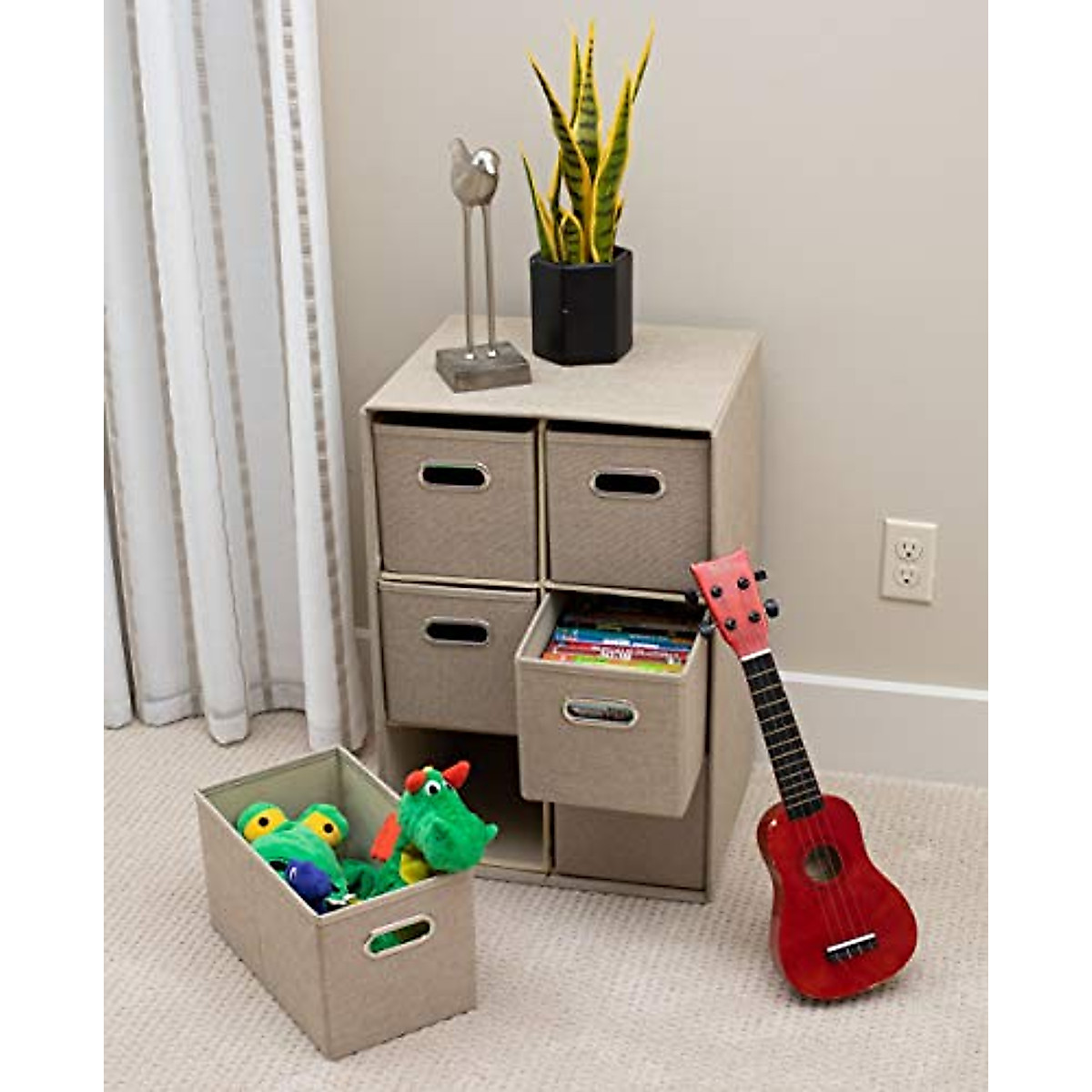 BIRDROCK HOME Cream Linen Cube Organizer Shelf with 6 Storage Bins – Strong Durable Foldable Shelf – Kid Toy Clothes Towels Cubby – Collapsible Bedroom Fabric Shelves and Cubes