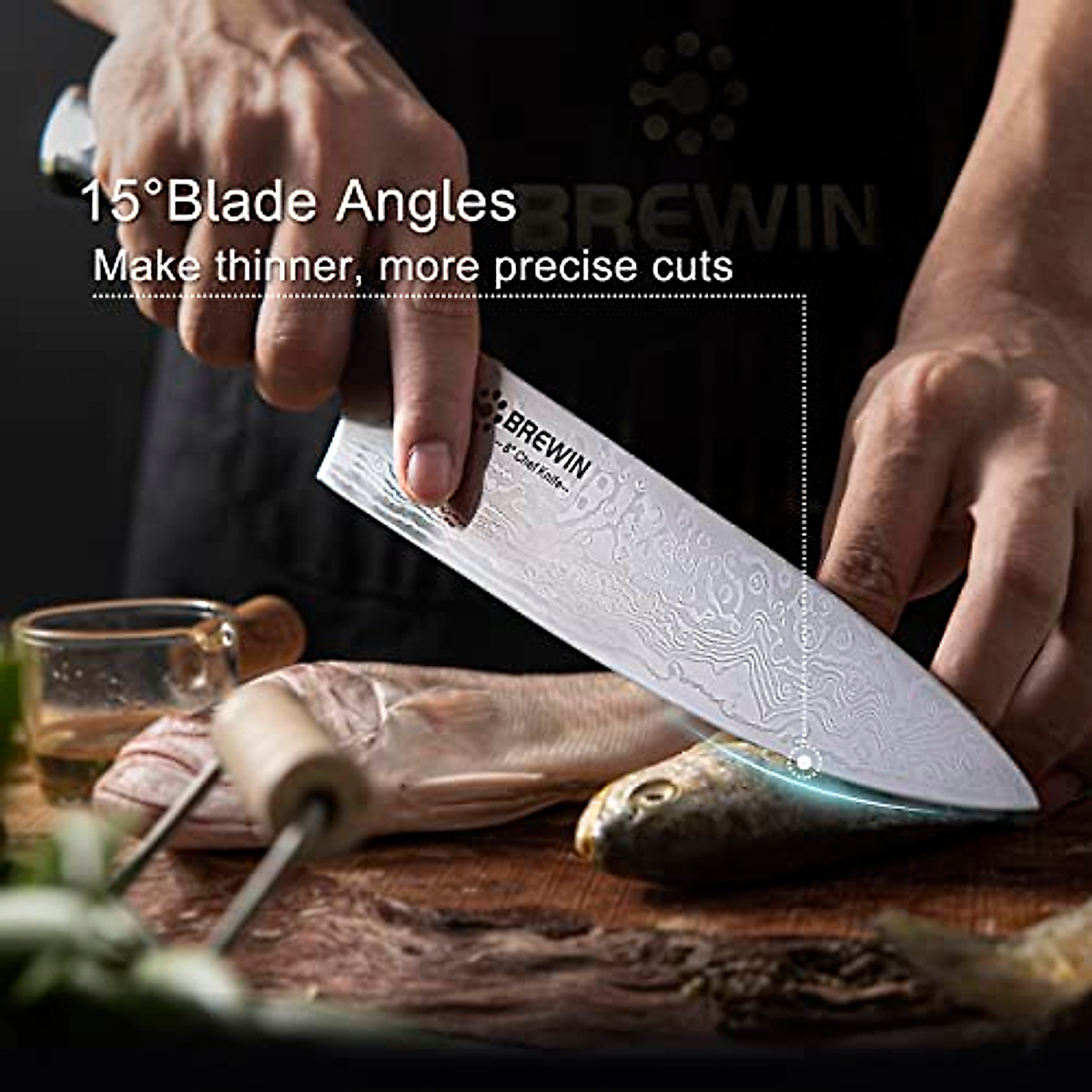 Brewin Kitchen Knife with Sharpener, Razor Sharp 8 Inch Chef Knife with Black Pakkawood Handle German High Carbon Stainless Steel Full Tang Professional Cooking Knives with Gift Box