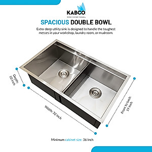 KABCO 32 Inch Workstation Kitchen Sink Stainless Steel Undermount Double Bowl Zero Radius Sound and Heatproof Ledge Design Sink 32" X 19" X 10"