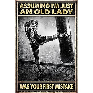 Retro Signs Vintage Toilet Assuming I'M Just An Old Lady Was Your First Mistake Boxing Girl Metal Framed Matted Poster Art Vintage Hotel Decorations Signs Metal Plaques Bathroom Wall Decor 8x12inch