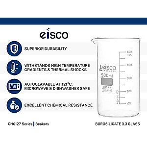 EISCO Beaker, 25ml - Tall Form with Spout - White, 2.5ml Graduations - Borosilicate 3.3 Glass