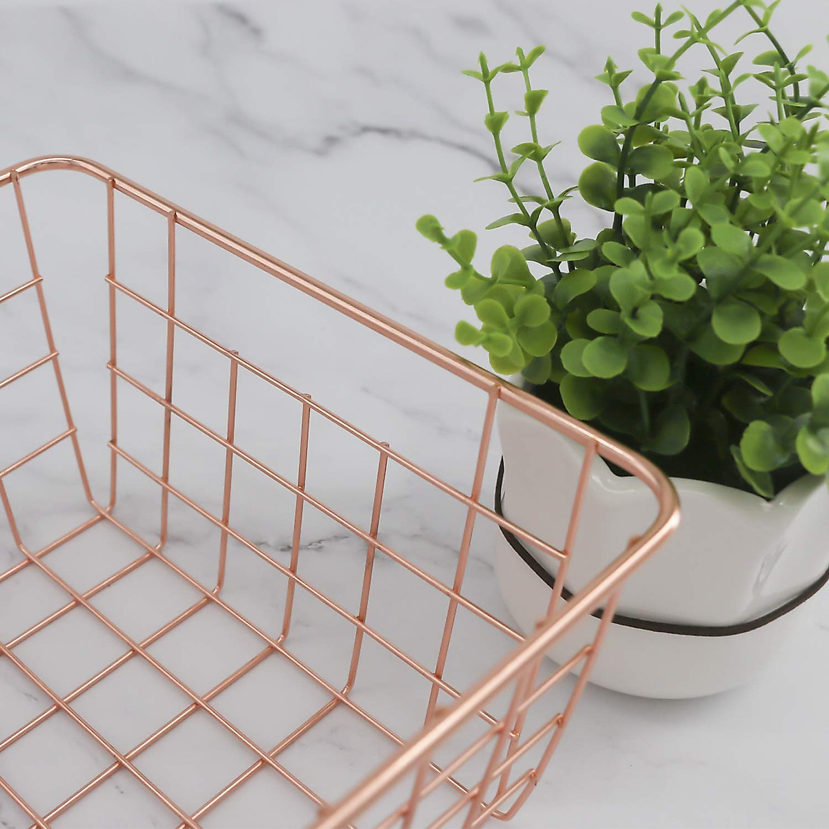 Metal Wire Storage Basket with Handles for Kitchen Food Pantry Papers Home Office Desk Basket Bathroom Laundry Room Basket Bedroom Bed Room, Rose Gold
