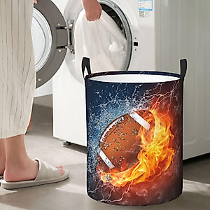 Gbuzozie American Football Ball In Fire And Water Round Laundry Hamper Sport Rugby Storage Basket Toys Clothes Organizer Bin For Home Bathroom Bedroom Dorm Nursery, 38l