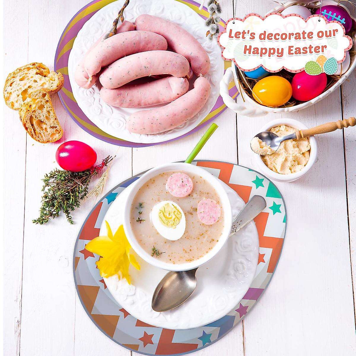 24 Pieces Easter Eggs Placemats Spring Easter Disposable Paper Table Mats Easter Eggs Shaped Party Supplies for Easter Party Funny Bunny Eggs Dinner Dining Table Decoration, 13 x 17 Inches