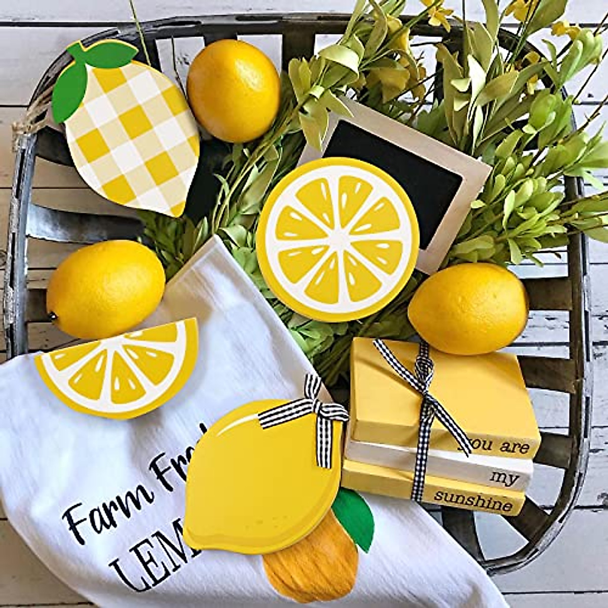 Lemon Tiered Tray Block Decor Summer Farmhouse Wooden Pieces Lemonade Yellow Buffalo Plaid Farmhouse 3D Stand Rustic Kitchen Decoration Signs Summer Gift Ideas Set of 4