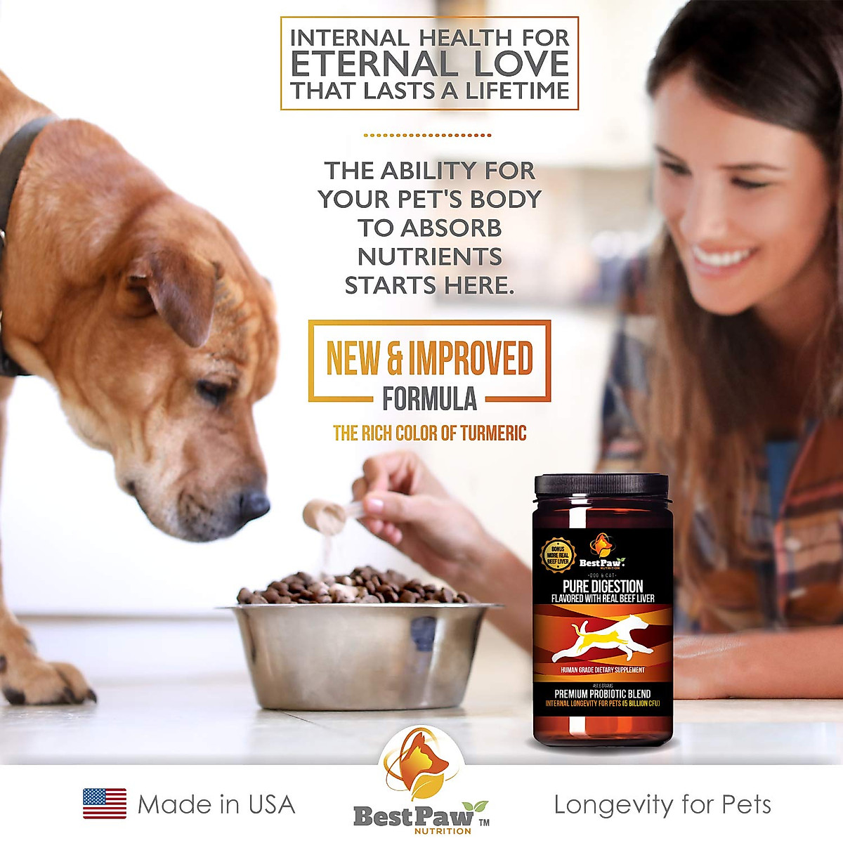 Best Paw Nutrition Dog & Cat Premium Probiotic Prebiotic & Digestive Enzymes 5 Billion CFU Organic Turmeric Coconut Oil Pure Pumpkin & Kelp for Healthy Bowels Gut & UTIs