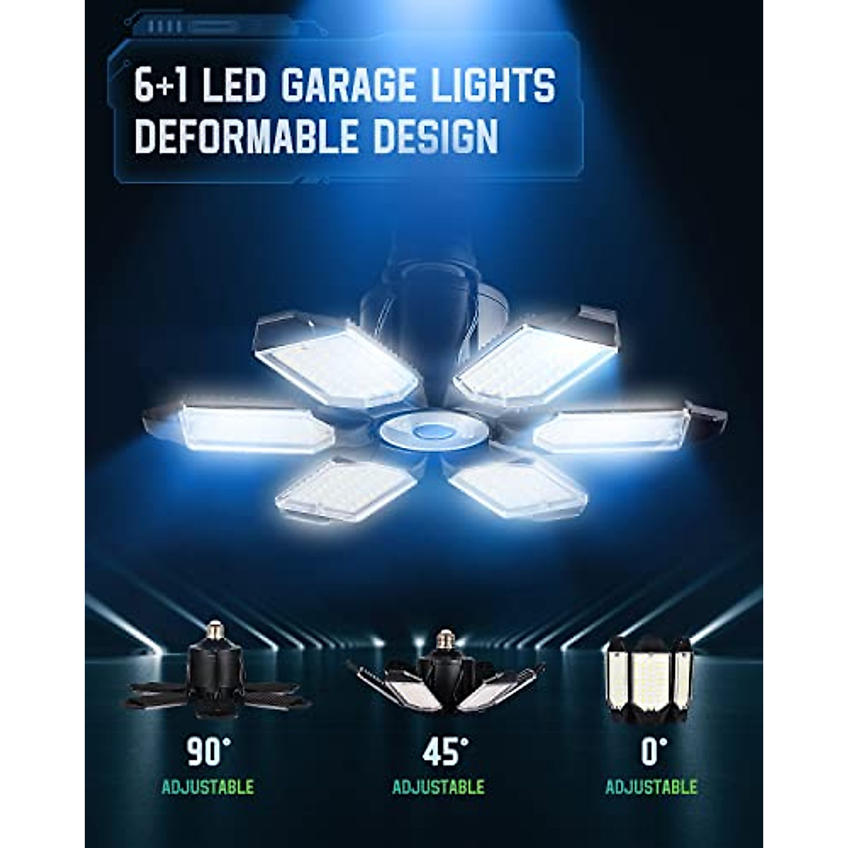 LIGHTNUM 4 Pack LED Garage Light, 45W LED Lights for Garage, 16000LM 6500K E26/E27 Deformable Garage Lights Ceiling LED with 6 Adjustable Panels Compatible for Workshop Storage Room Basement