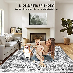 QD-Udreamy Area Rugs for Living Room - 9x12 Area Rugs, Machine Washable Rugs 9x12, Non-Slip, Stain Resistant Soft Boho Vintage Large Carpet Low Pile Thin Rugs for Living Room Bedroom